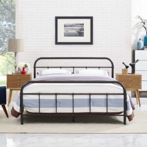 modway maisie steel metal farmhouse platform queen bed frame with headboard in brown