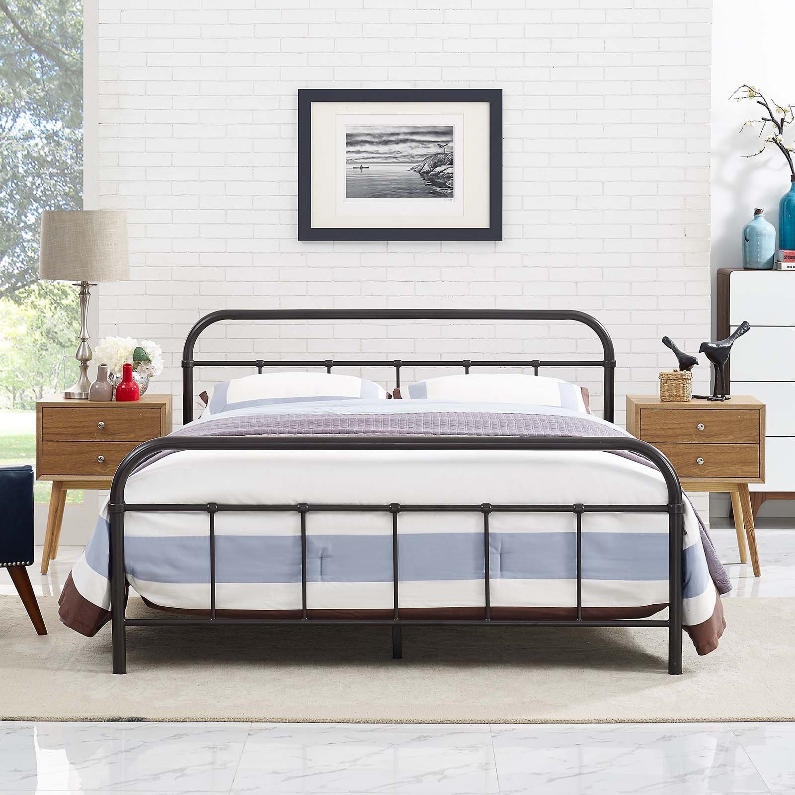 Modway Maisie Steel Metal Farmhouse Platform Queen Bed Frame With Headboard In Brown