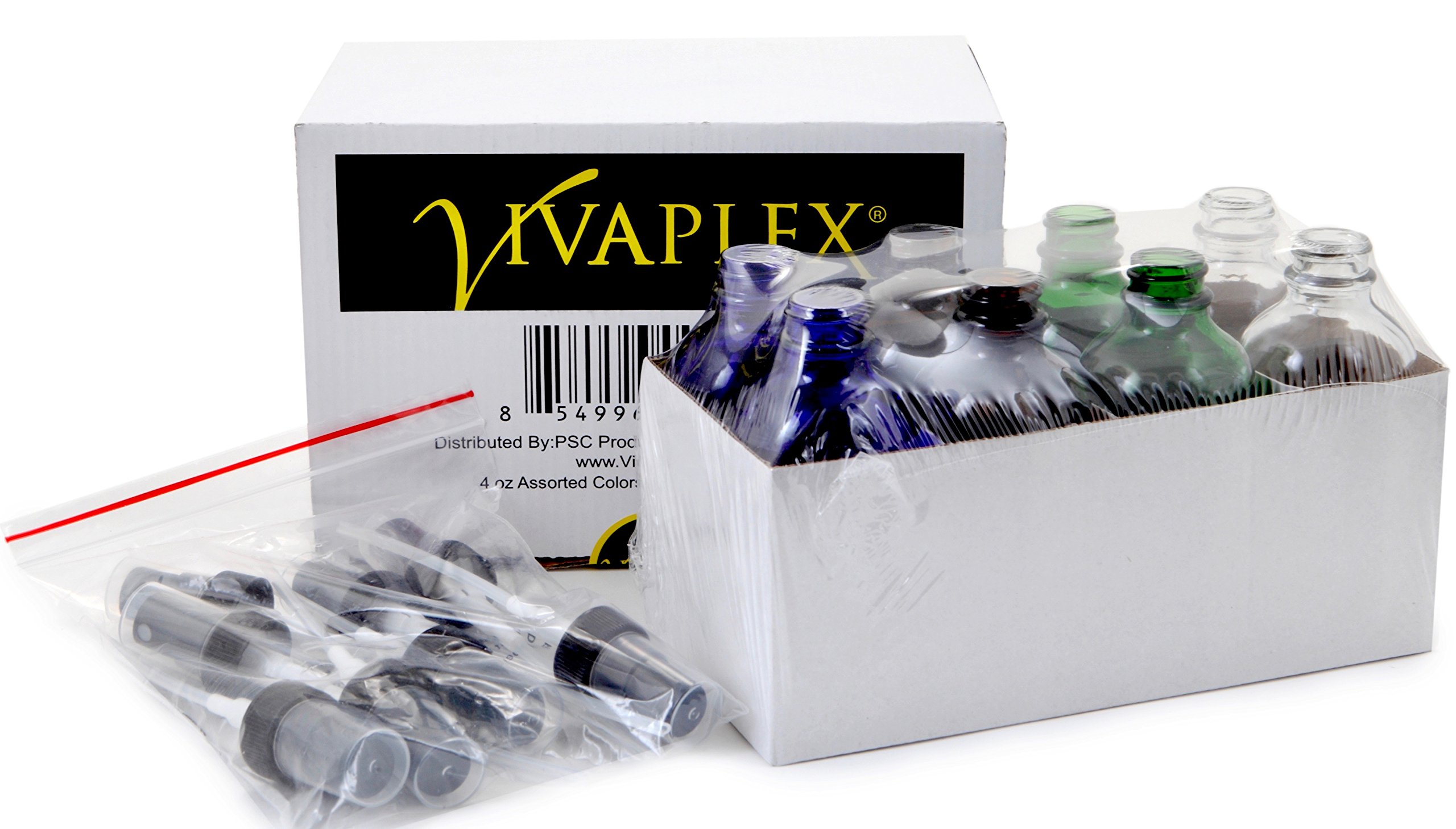 Vivaplex, 8, Assorted Colors, 4 oz Glass Bottles, with Black Fine Mist Sprayers