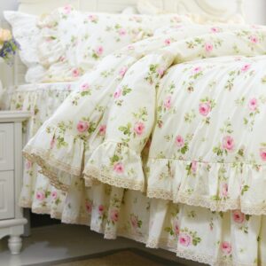 FADFAY Rosette Floral Print Duvet Cover Set Princess Lace Ruffle Bedding Set for Girls 3 Pieces Full Size