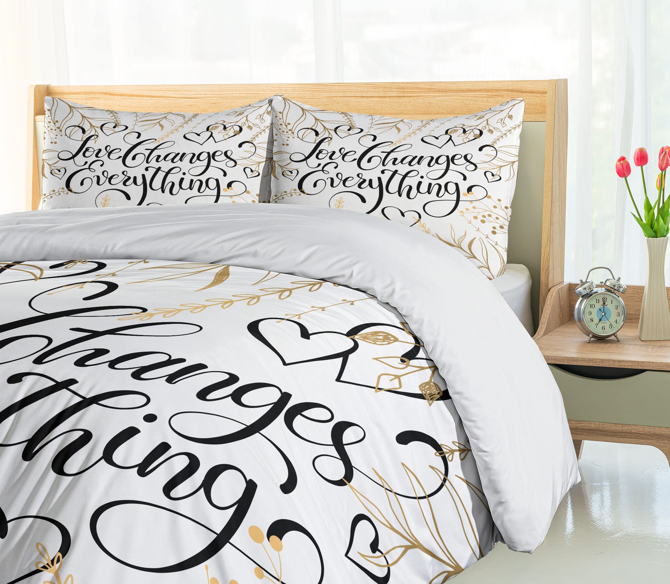 Ambesonne Romantic Duvet Cover Set, Foliage Pattern Frame Style Heart Shapes and an Inspirational Words, Decorative 3 Piece Bedding Set with 2 Pillow Shams, King Size, Sepia Peach Black