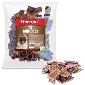 powerpet taffy bites - low fat premium beef jerky treat, 100% natural beef esophagus dog chew, highly digestible, clean & healthy pet snack, no additives, high protein, improves dental hygiene, 8oz