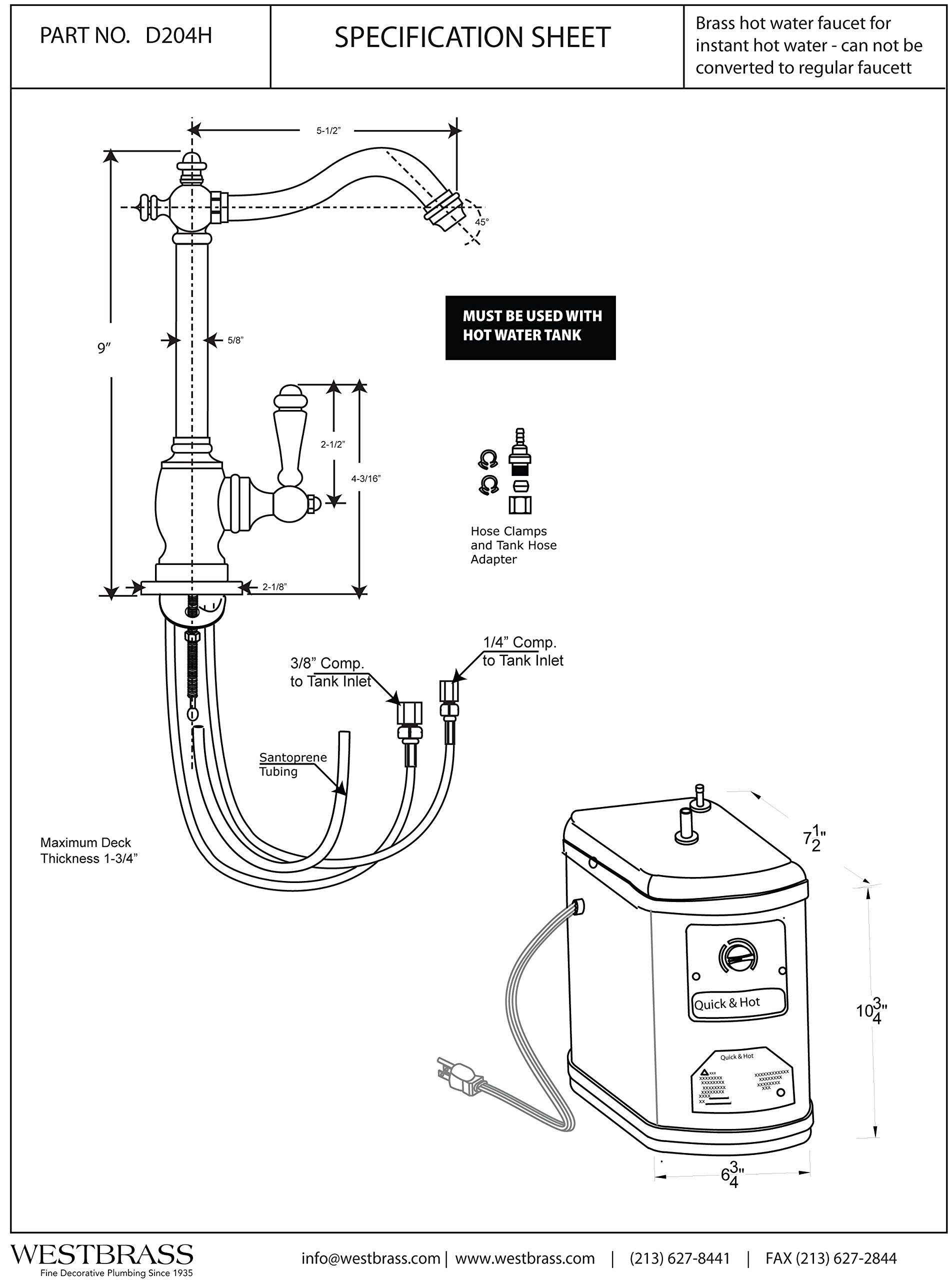 Westbrass D204HFP-26 Victorian 9" 1-Handle Hot Water Dispenser Faucet with Instant Heating Tank System, Polished Chrome