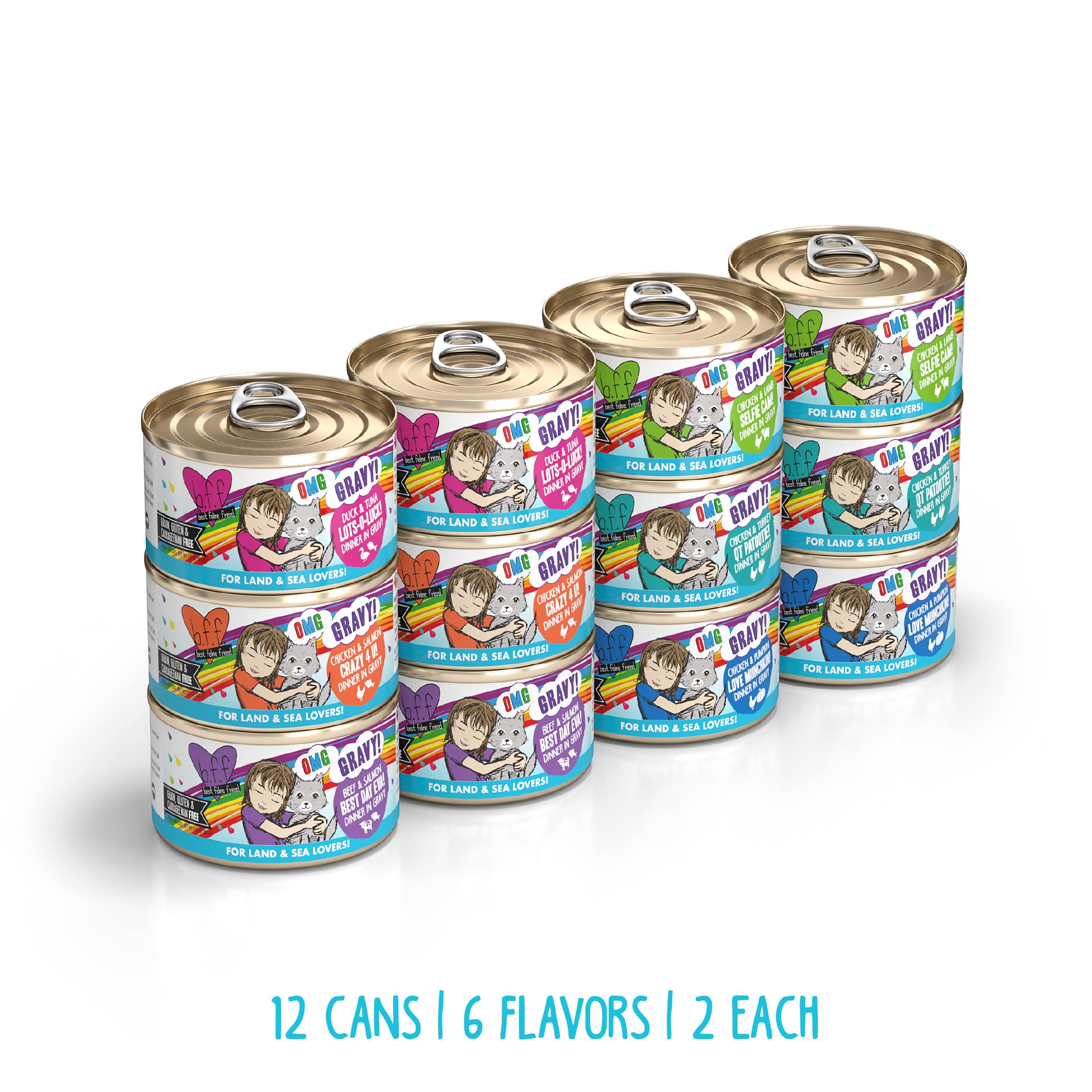 Weruva B.F.F. OMG - Best Feline Friend Oh My Gravy!, Variety Pack, Rainbow Road, Wet Cat Food by, 2.8oz Can (Pack of 12)