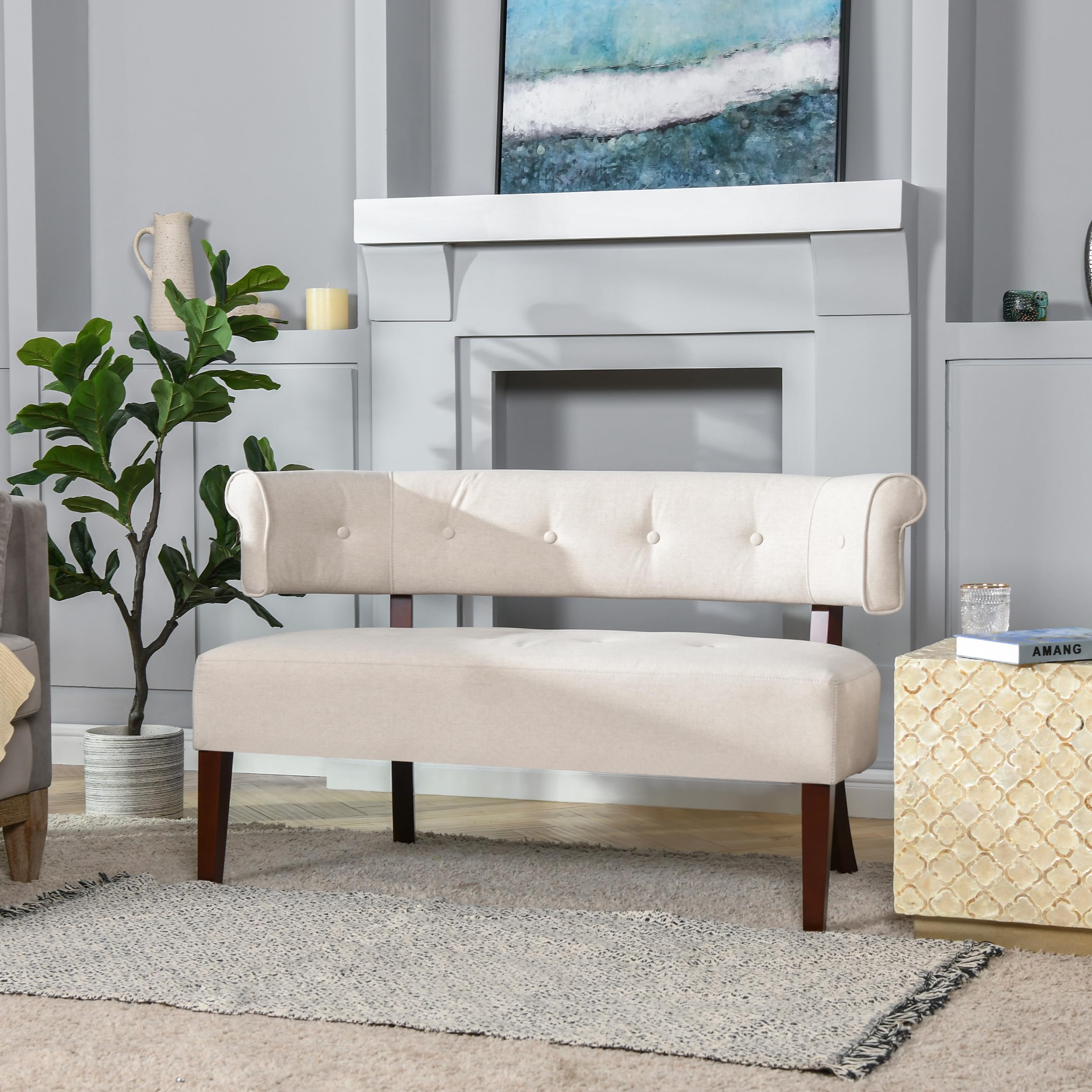 Jennifer Taylor Home Jared Roll Arm Tufted Bench Settee, Sky Neutral Beige Polyester