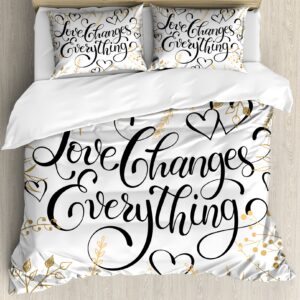 Ambesonne Romantic Duvet Cover Set, Foliage Pattern Frame Style Heart Shapes and an Inspirational Words, Decorative 3 Piece Bedding Set with 2 Pillow Shams, King Size, Sepia Peach Black