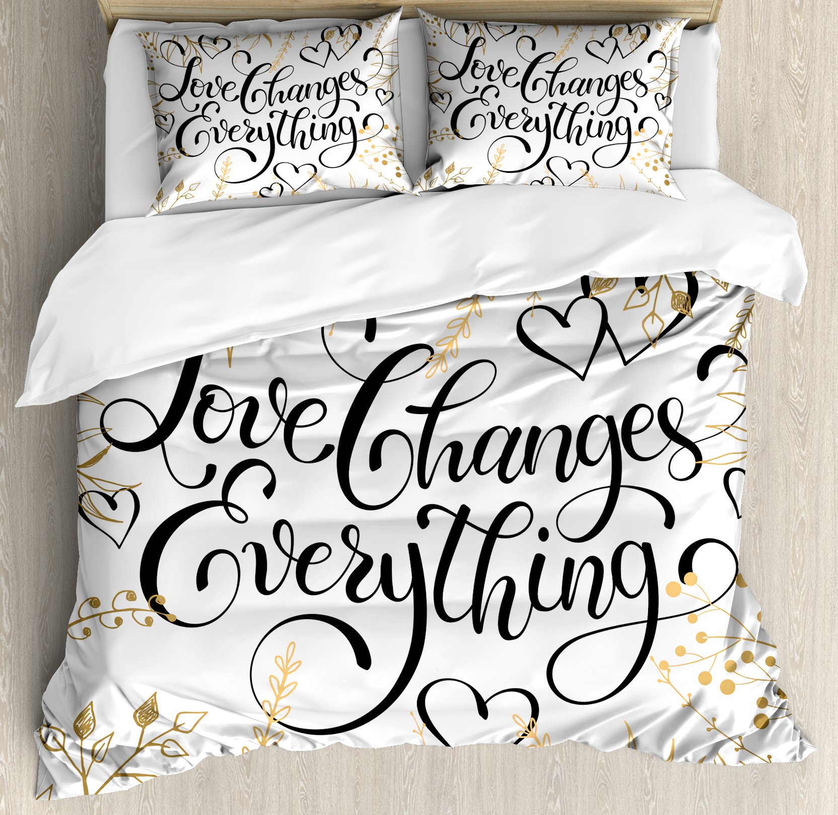 Ambesonne Romantic Duvet Cover Set, Foliage Pattern Frame Style Heart Shapes and an Inspirational Words, Decorative 3 Piece Bedding Set with 2 Pillow Shams, King Size, Sepia Peach Black