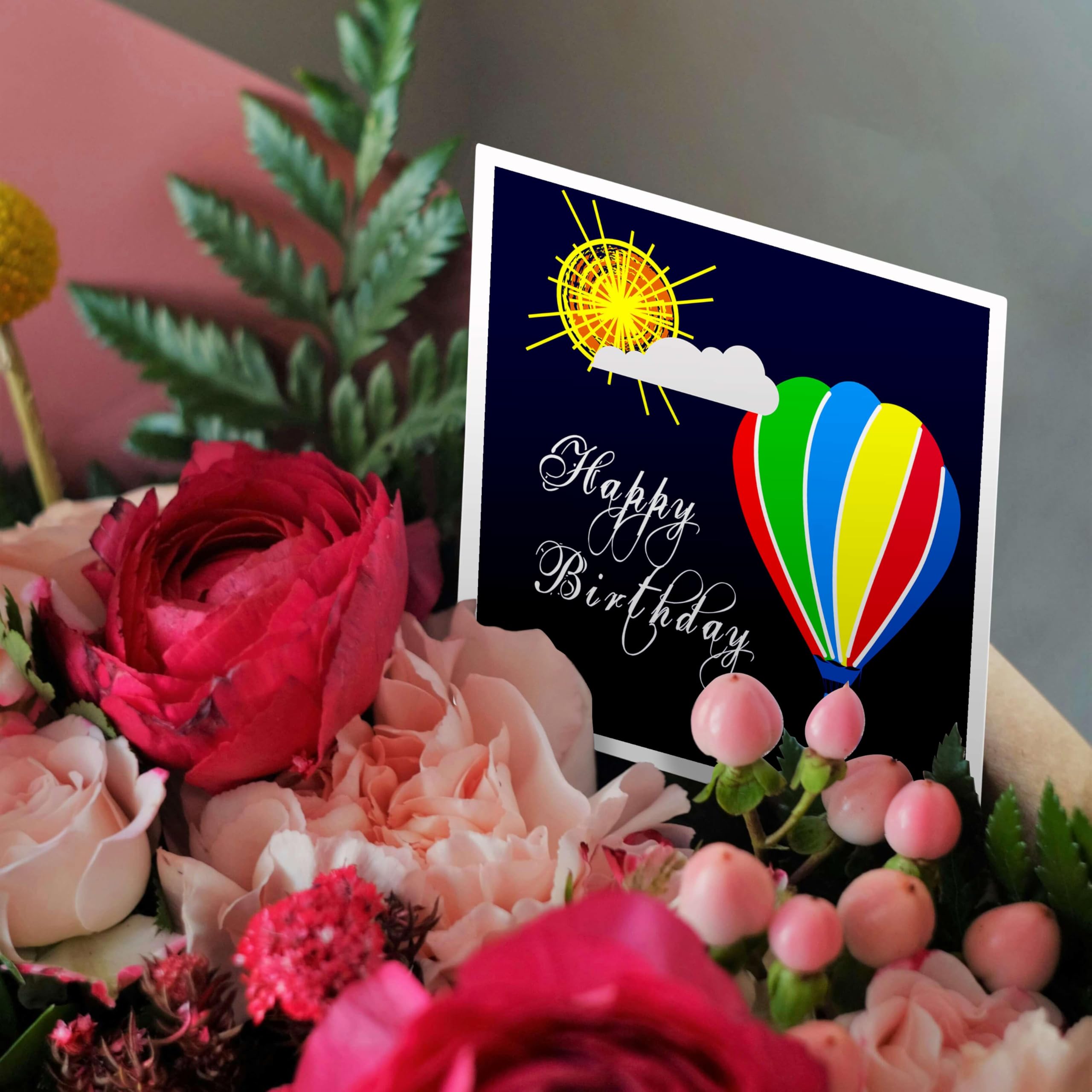 3dRose Greeting Card - Colorful hot air balloon, sun, text Happy Birthday on blue - Alexis Design - Hot Air Balloon