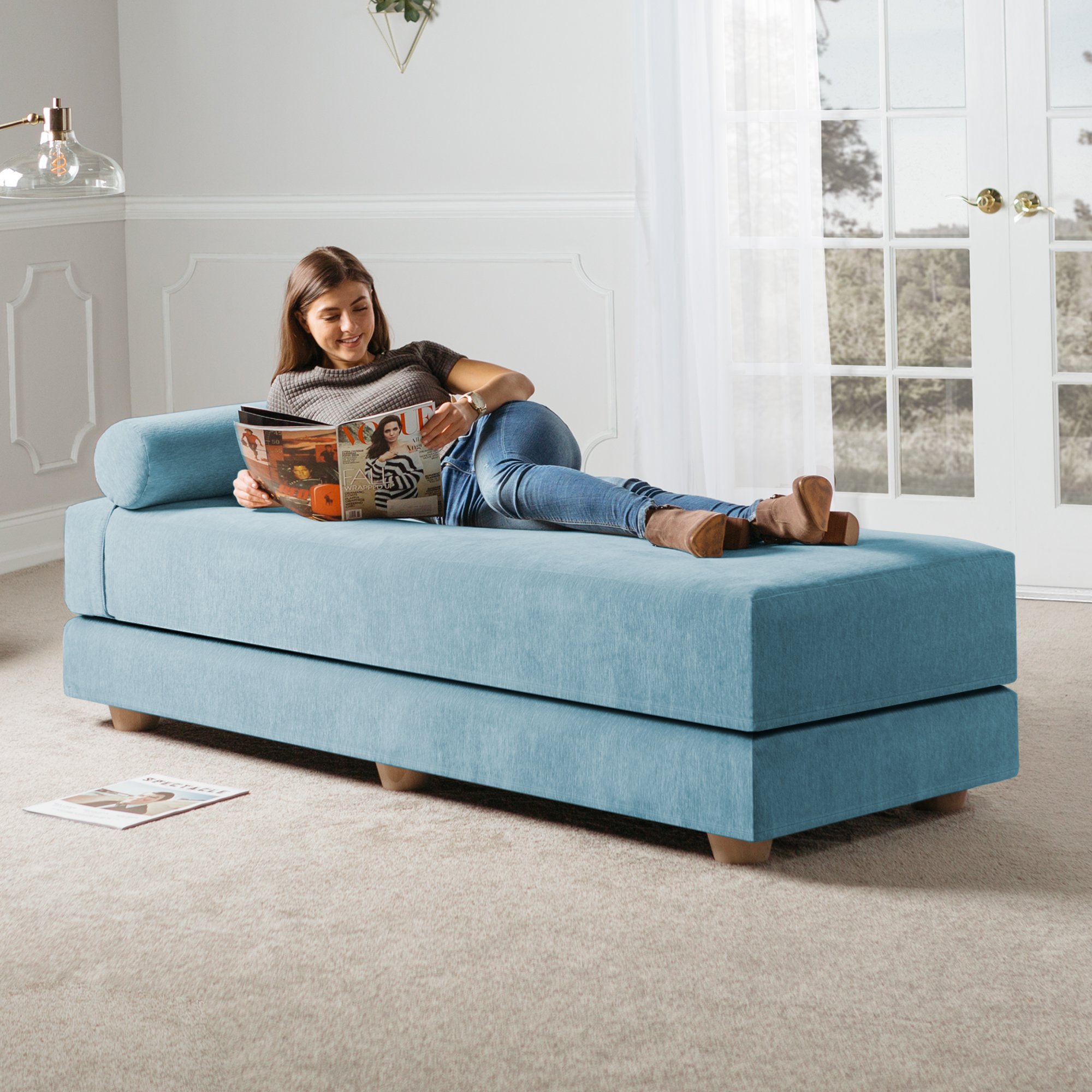 Jaxx Alon Daybed-Fold-Out Sleeper-Queen-Size Mattress Sofa Bed, Chenille-Turquoise