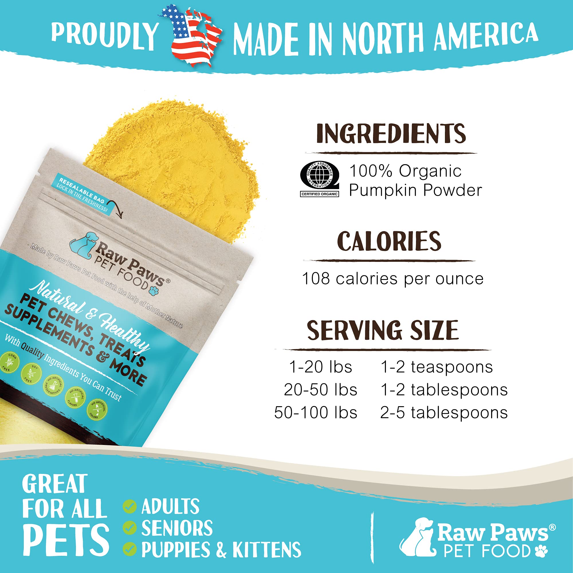 Raw Paws USA Organic Pumpkin Powder for Cats & Dogs, 4-oz - Healthy Stool, Diarrhea, Constipation Relief, Pure Pumpkin for Dogs, Canned Pumpkin for Dogs Alternative, Dog Pumpkin Powder, Fiber for Cats