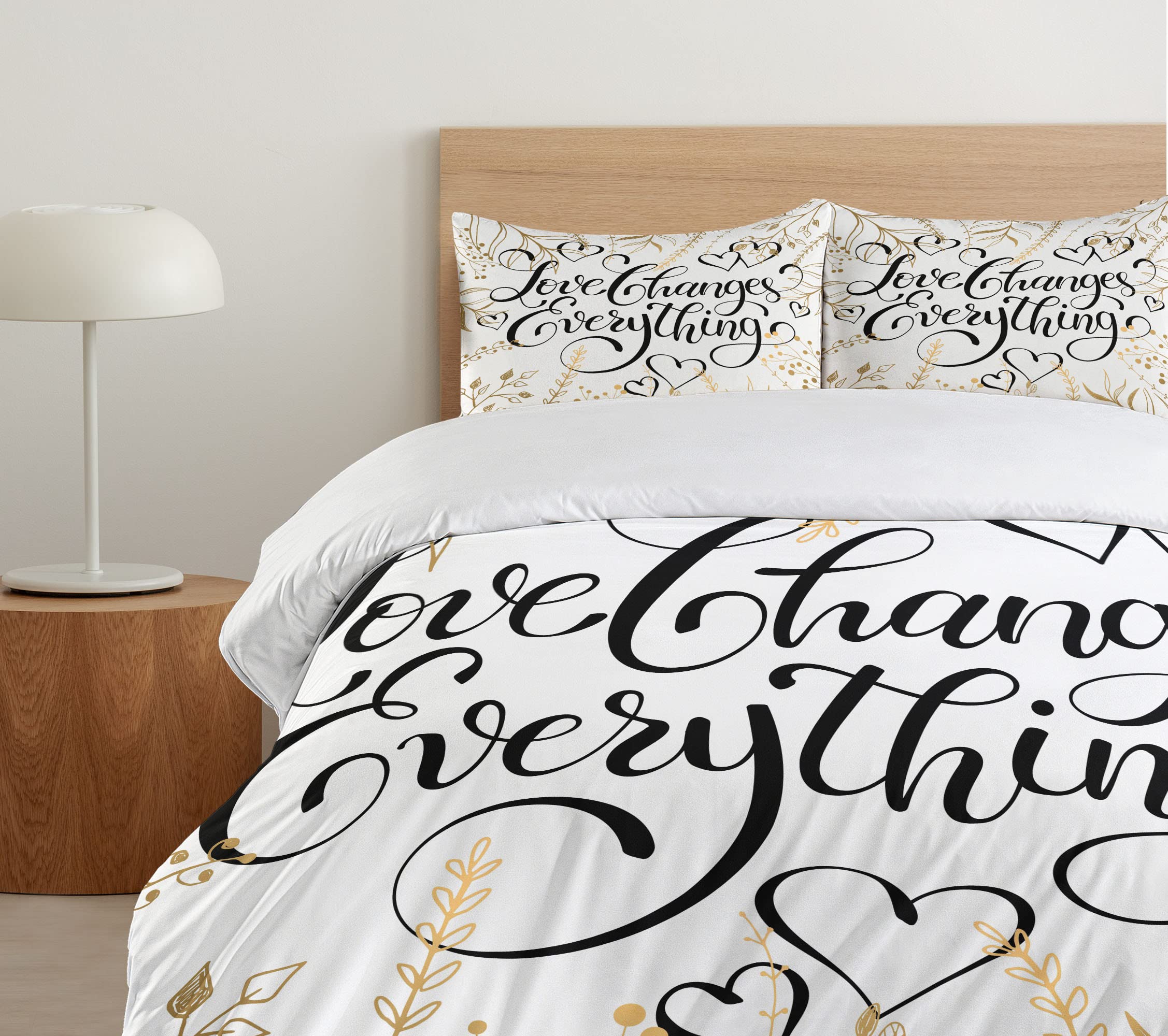 Ambesonne Romantic Duvet Cover Set, Foliage Pattern Frame Style Heart Shapes and an Inspirational Words, Decorative 3 Piece Bedding Set with 2 Pillow Shams, King Size, Sepia Peach Black