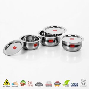 Sumeet 3 Pcs Stainless Steel Induction & Gas Stove Friendly Belly Shape Container Set/Tope/Cookware Set With Lids Size No.10 to No.12