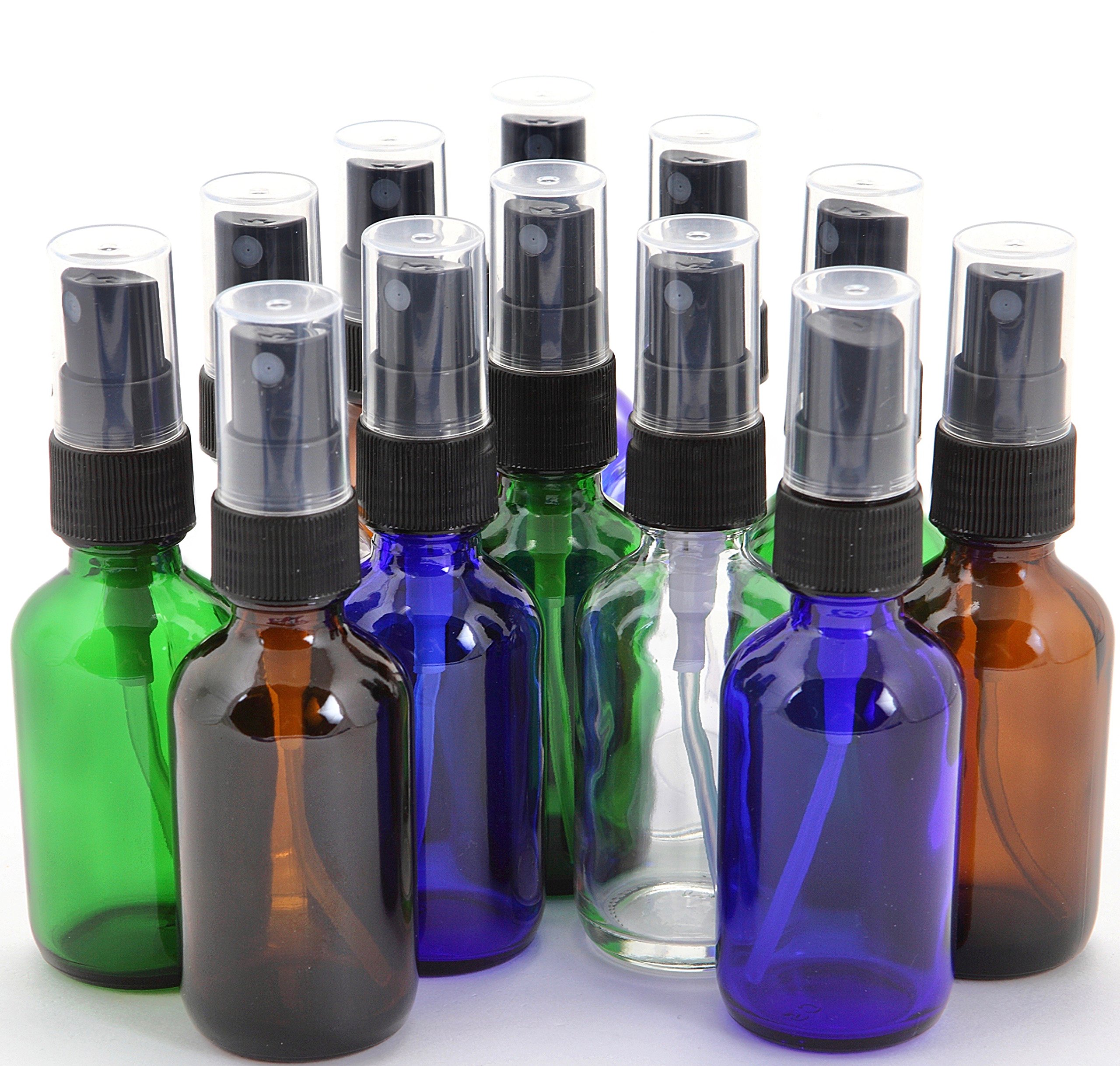 Vivaplex, 12, Assorted Colors, 1 oz Glass Bottles, with Black Fine Mist Sprayers