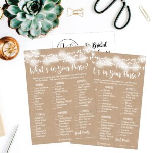 25 Rustic Whats In Your Purse Bridal Wedding Shower or Bachelorette Party Game Item Cards Engagement Activities Ideas For Couples Funny Co Ed Rehearsal Dinner Supplies and Decoration Favors For Guests