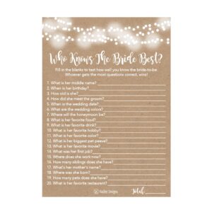 25 kraft rustic how well do you know the bride bridal wedding shower or bachelorette party game, who knows the bride best does the groom? couples guessing question set of cards pack printed engagement