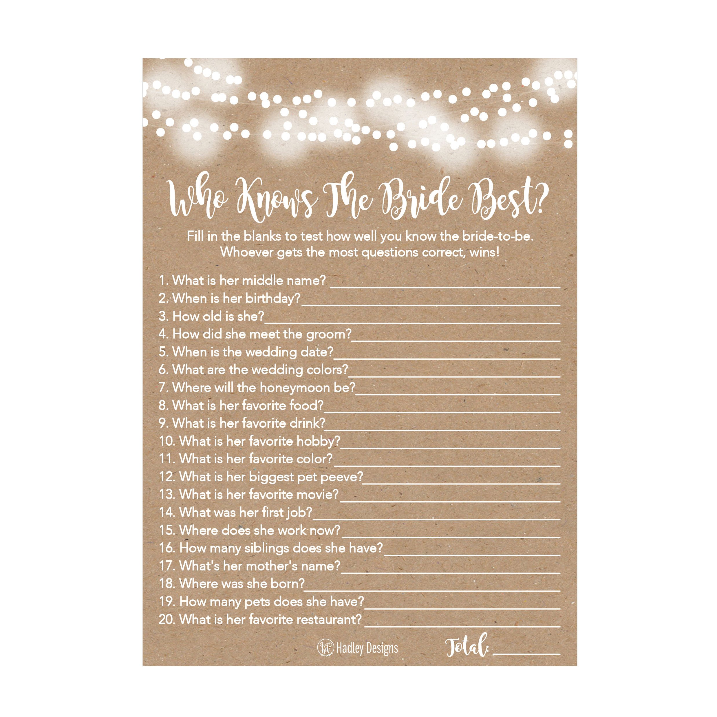 25 Kraft Rustic How Well Do You Know The Bride Bridal Wedding Shower or Bachelorette Party Game, Who Knows The Bride Best Does The Groom? Couples Guessing Question Set of Cards Pack Printed Engagement