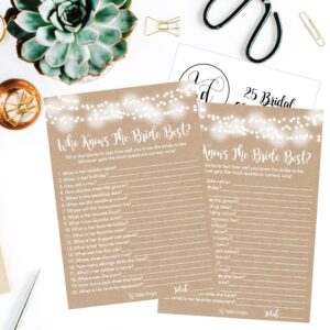 25 Kraft Rustic How Well Do You Know The Bride Bridal Wedding Shower or Bachelorette Party Game, Who Knows The Bride Best Does The Groom? Couples Guessing Question Set of Cards Pack Printed Engagement