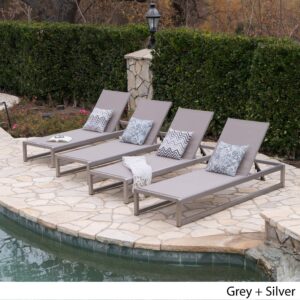 Christopher Knight Home Chloe Outdoor Mesh Chaise Lounge with Aluminum Frame, 4-Pcs Set, Grey / Silver