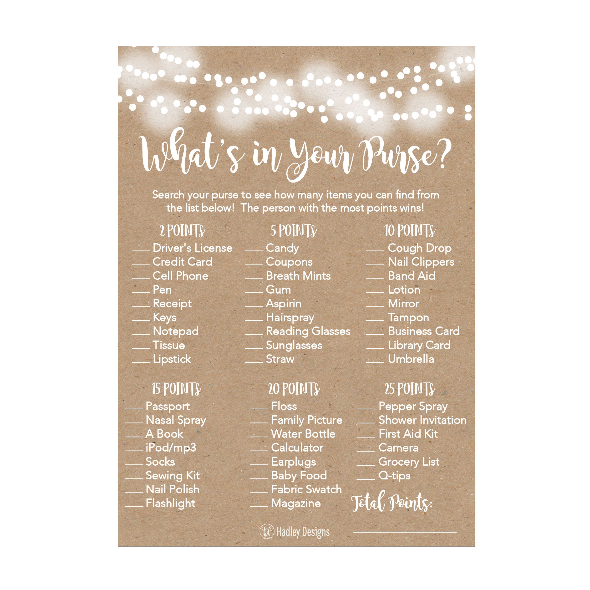 25 Rustic Whats In Your Purse Bridal Wedding Shower or Bachelorette Party Game Item Cards Engagement Activities Ideas For Couples Funny Co Ed Rehearsal Dinner Supplies and Decoration Favors For Guests