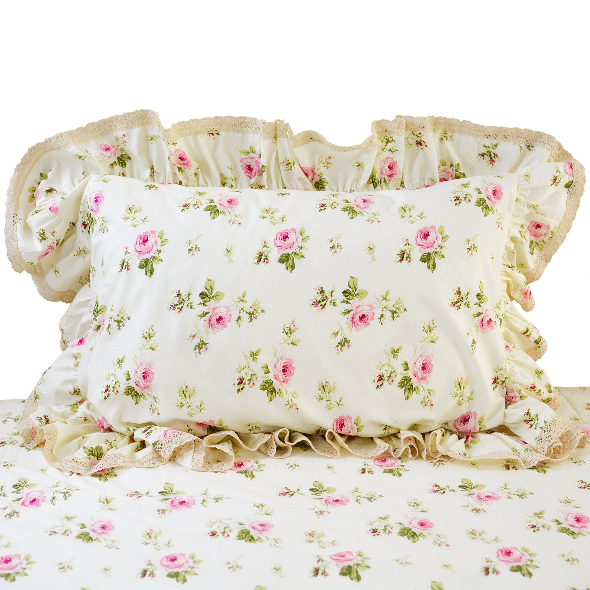 FADFAY Rosette Floral Print Duvet Cover Set Princess Lace Ruffle Bedding Set for Girls 3 Pieces Full Size