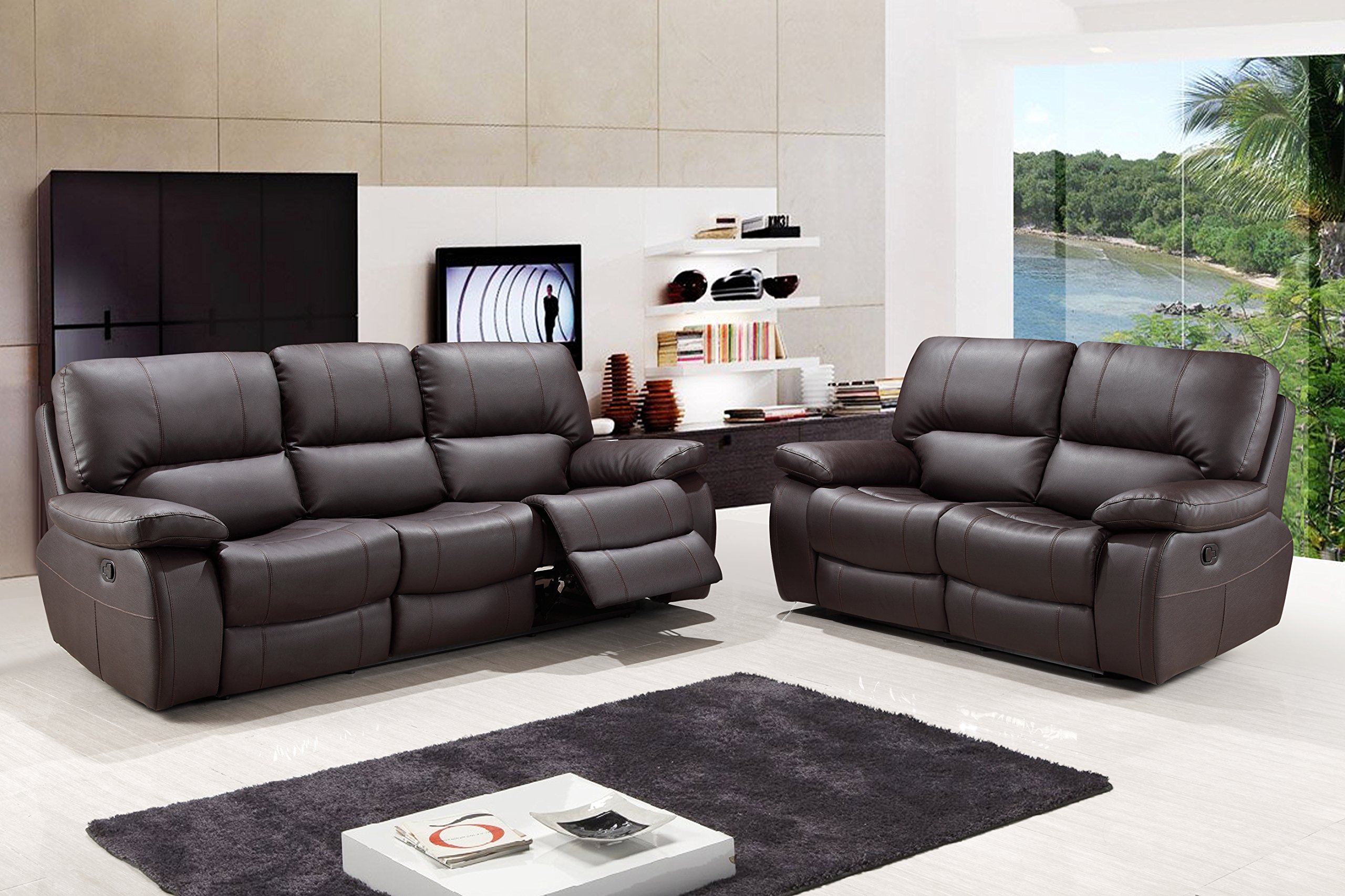 Blackjack Furniture Lindsey Collection Italian Leather Reclining Modern Living Room, Den Loveseat, Brown