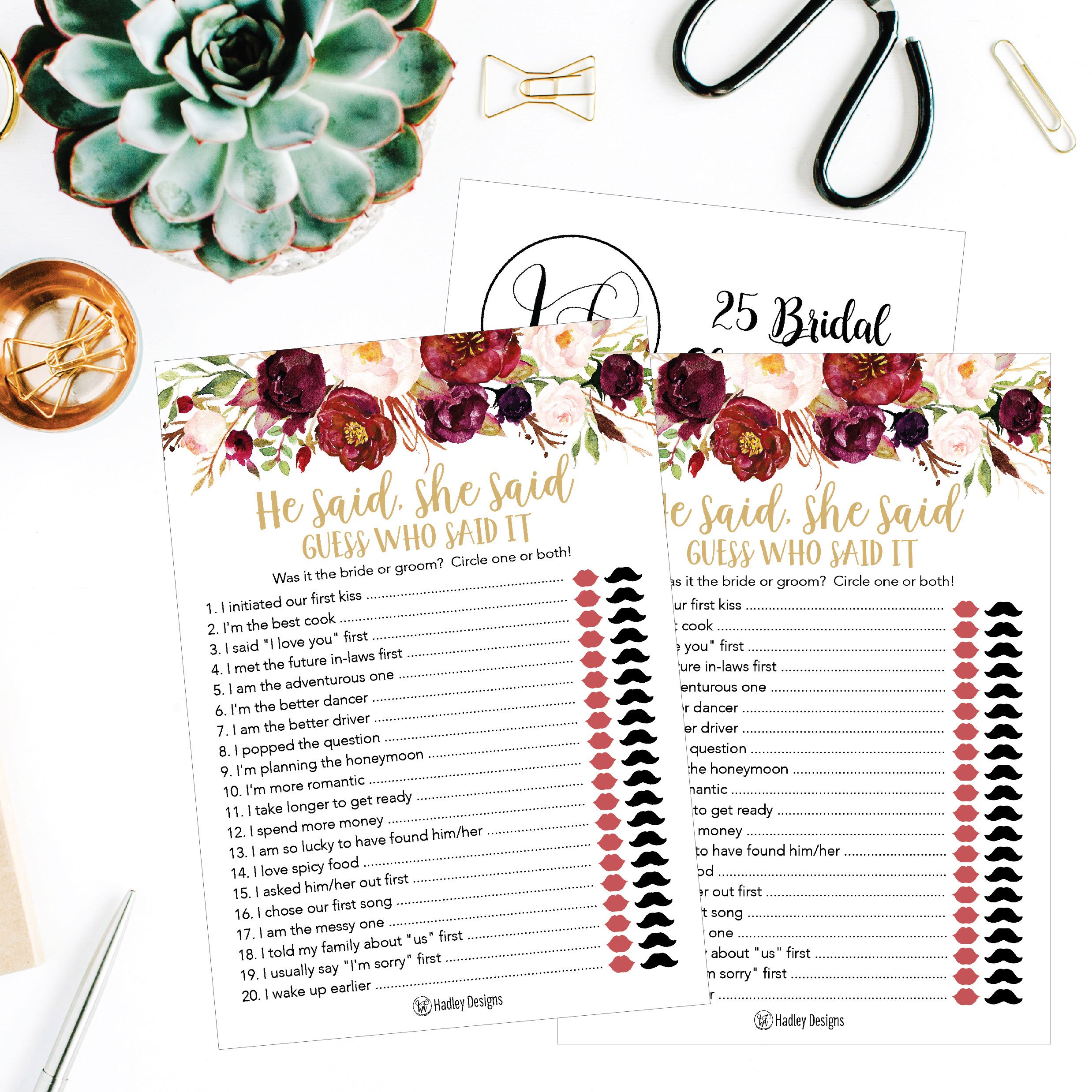 Hadley Designs 25 Floral Wedding Bridal Shower Engagement Bachelorette Anniversary Party Game Ideas, Gold He Said She Said Cards, Funny Co Ed Trivia Rehearsal Dinner Guessing Question Supplies