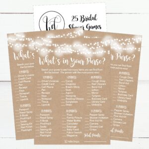 25 Rustic Whats In Your Purse Bridal Wedding Shower or Bachelorette Party Game Item Cards Engagement Activities Ideas For Couples Funny Co Ed Rehearsal Dinner Supplies and Decoration Favors For Guests