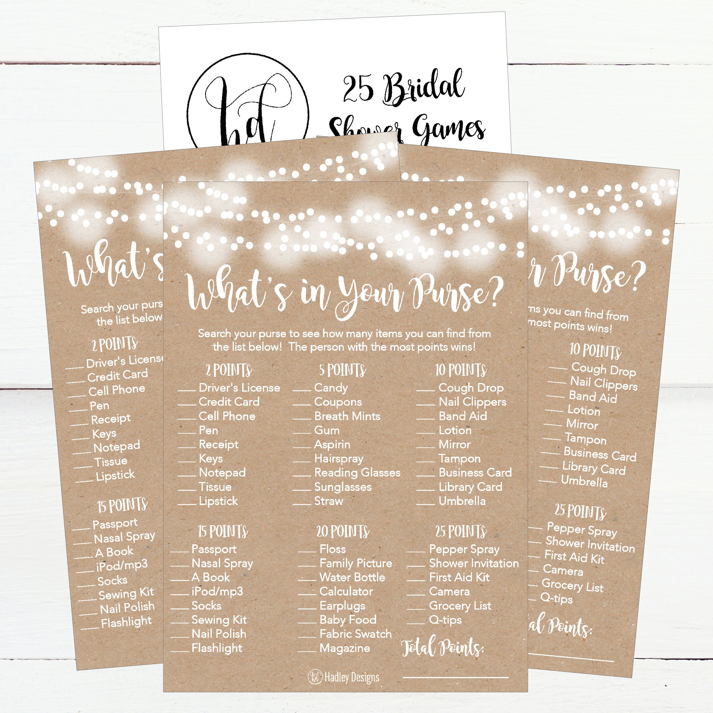 25 Rustic Whats In Your Purse Bridal Wedding Shower or Bachelorette Party Game Item Cards Engagement Activities Ideas For Couples Funny Co Ed Rehearsal Dinner Supplies and Decoration Favors For Guests