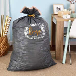 Hallmark 56" Large Plastic Gift Bag (Gold Love, White Flowers) for Engagement Parties, Bridal Showers, Weddings and More