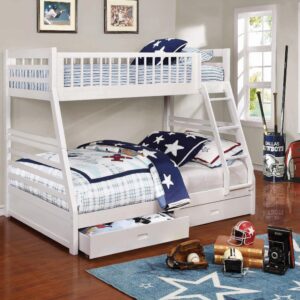 Coaster Home Furnishings Ashton Transitional Wood Twin Over Full Size Bunk Bed Frame with Ladder and Guardrails with Two Storage Drawers Fully Slatted Mattress Ready Foundation White 460180