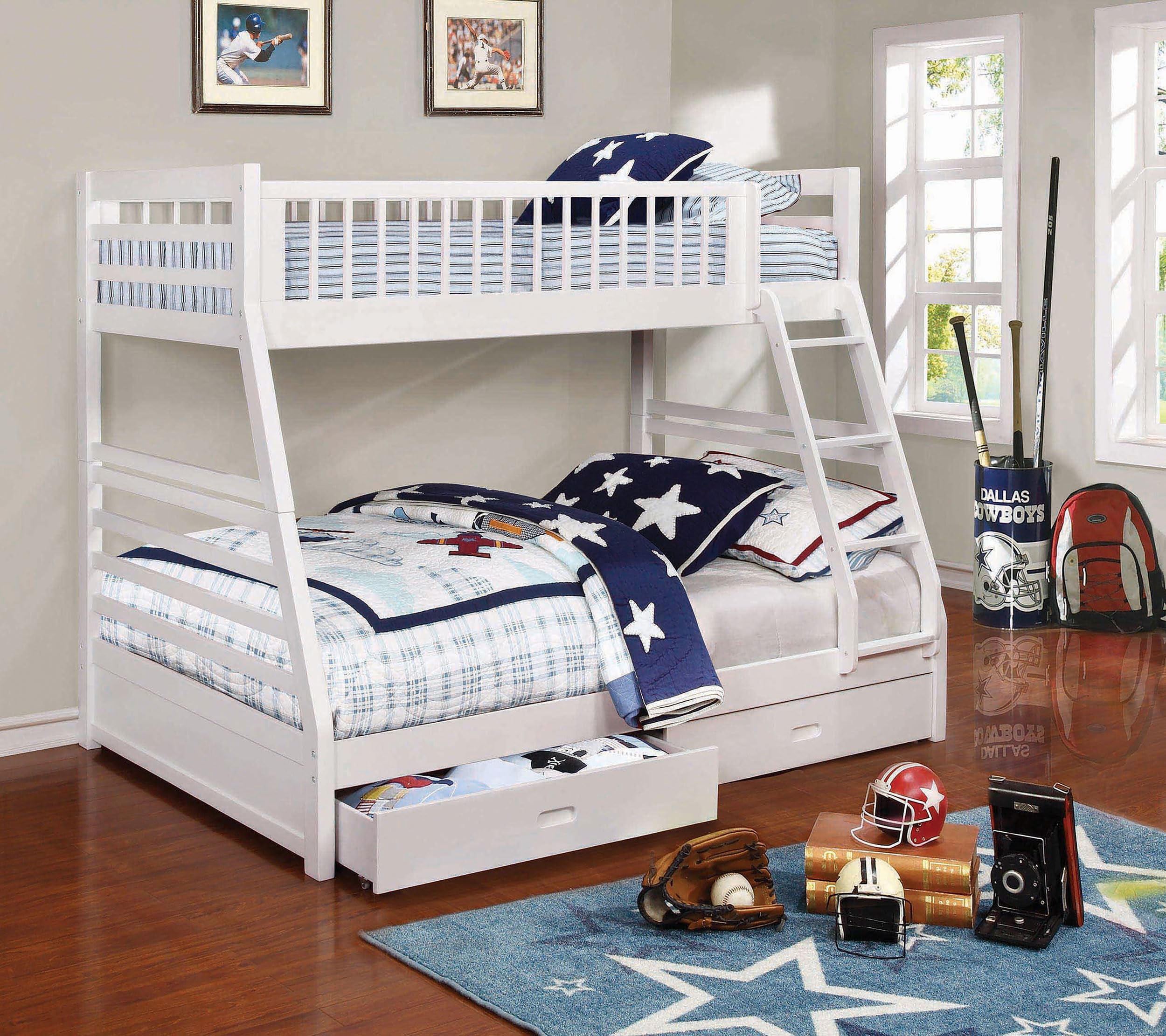 Coaster Home Furnishings Ashton Transitional Wood Twin Over Full Size Bunk Bed Frame with Ladder and Guardrails with Two Storage Drawers Fully Slatted Mattress Ready Foundation White 460180