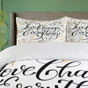 Ambesonne Romantic Duvet Cover Set, Foliage Pattern Frame Style Heart Shapes and an Inspirational Words, Decorative 3 Piece Bedding Set with 2 Pillow Shams, King Size, Sepia Peach Black