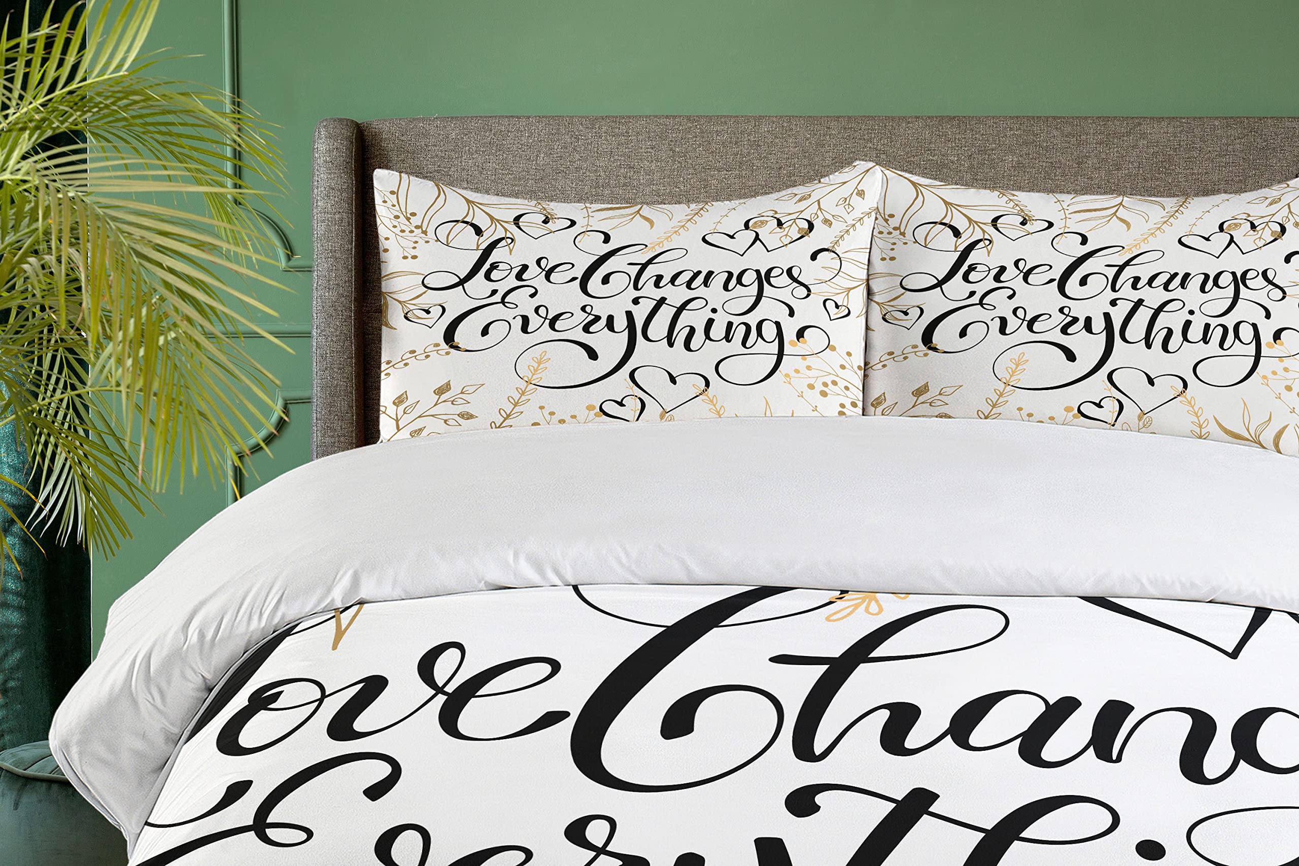 Ambesonne Romantic Duvet Cover Set, Foliage Pattern Frame Style Heart Shapes and an Inspirational Words, Decorative 3 Piece Bedding Set with 2 Pillow Shams, King Size, Sepia Peach Black