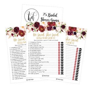 Hadley Designs 25 Floral Wedding Bridal Shower Engagement Bachelorette Anniversary Party Game Ideas, Gold He Said She Said Cards, Funny Co Ed Trivia Rehearsal Dinner Guessing Question Supplies