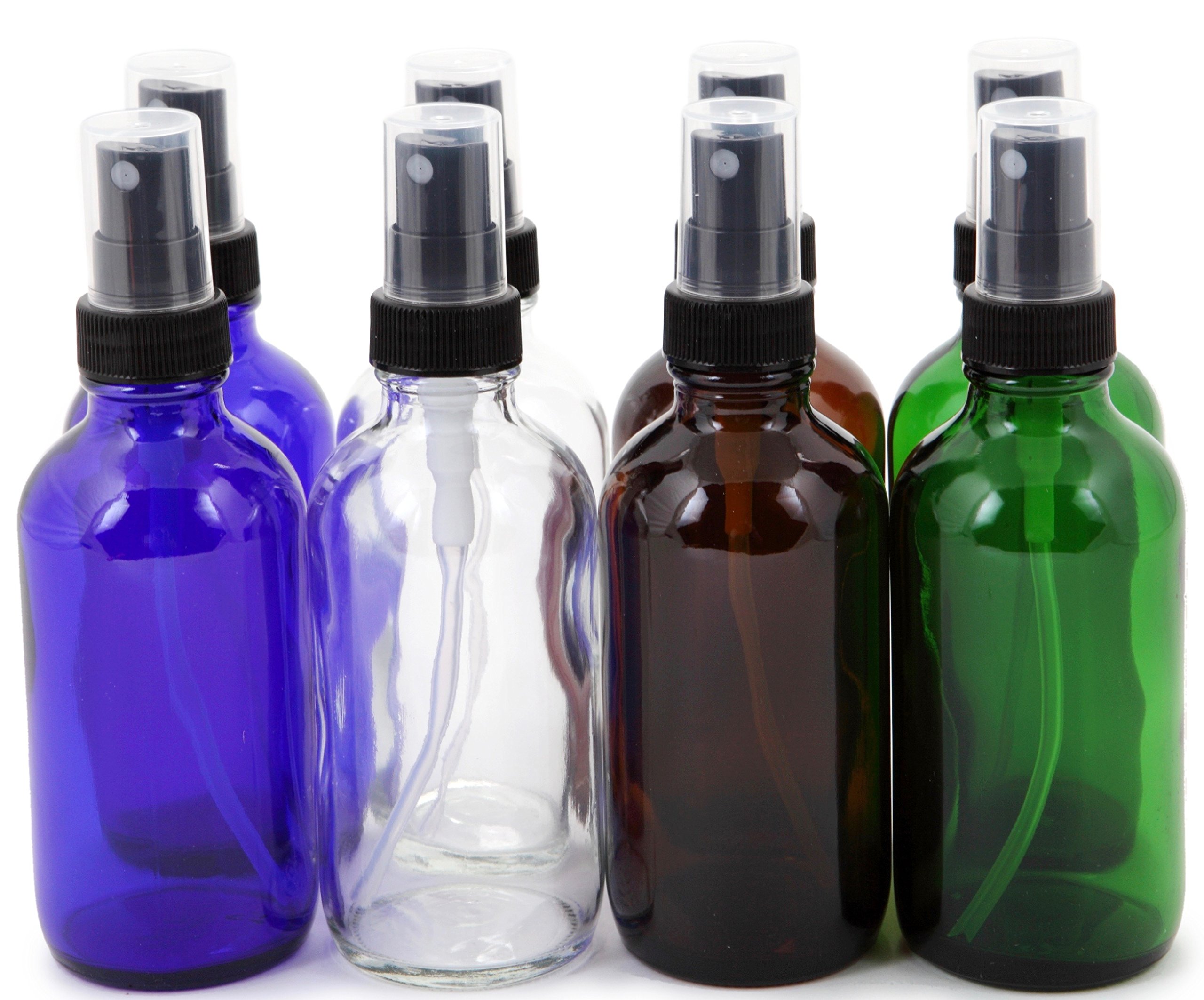 Vivaplex, 8, Assorted Colors, 4 oz Glass Bottles, with Black Fine Mist Sprayers