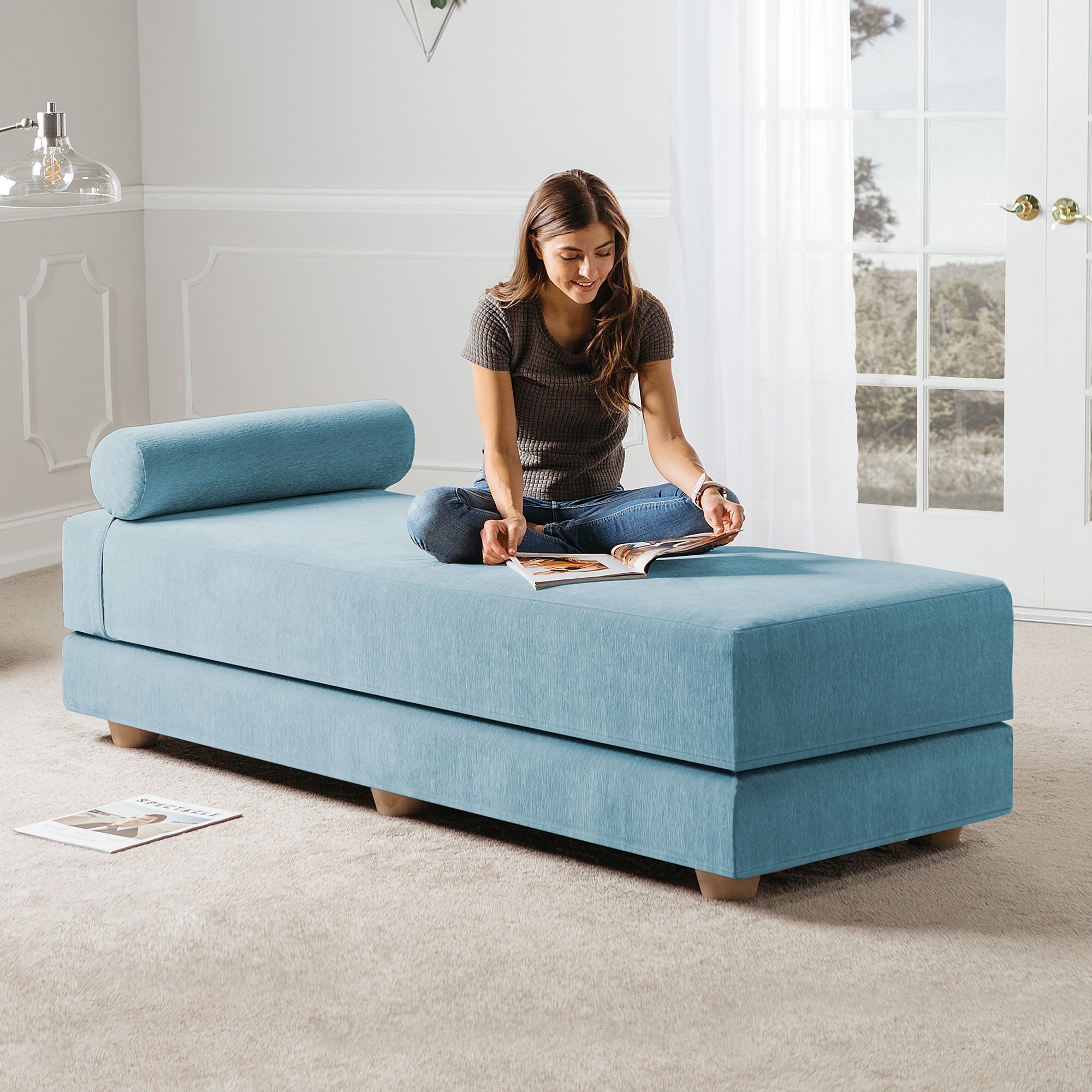 Jaxx Alon Daybed-Fold-Out Sleeper-Queen-Size Mattress Sofa Bed, Chenille-Turquoise