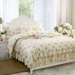 fadfay rosette floral print duvet cover set princess lace ruffle bedding set for girls 3 pieces full size