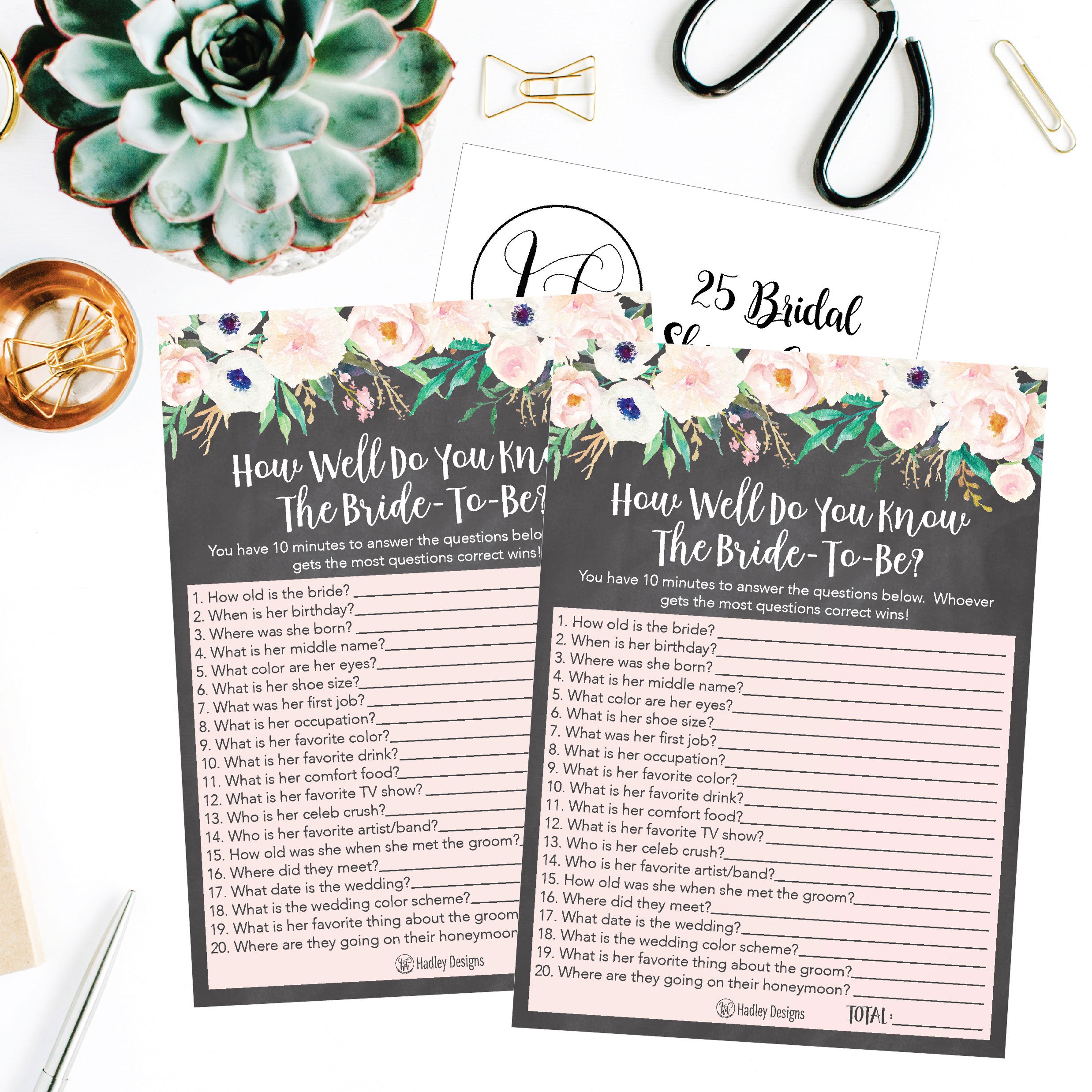 Hadley Designs 25 Floral Bridal Shower or Bachelorette Party Game, Who Knows The Best, Does The Groom? Couples Guessing Question Set of Cards, Printed on Thick Cardstock