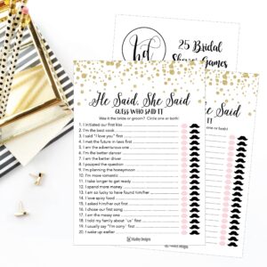 Hadley Designs 25 Gold Wedding Bridal Shower Engagement Bachelorette Anniversary Party Game Ideas, He Said She Said Cards, Funny Co Ed Trivia Rehearsal Dinner Guessing Question Fun Supplies Kit