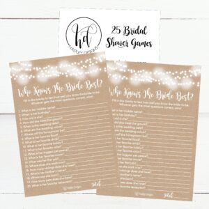 25 Kraft Rustic How Well Do You Know The Bride Bridal Wedding Shower or Bachelorette Party Game, Who Knows The Bride Best Does The Groom? Couples Guessing Question Set of Cards Pack Printed Engagement