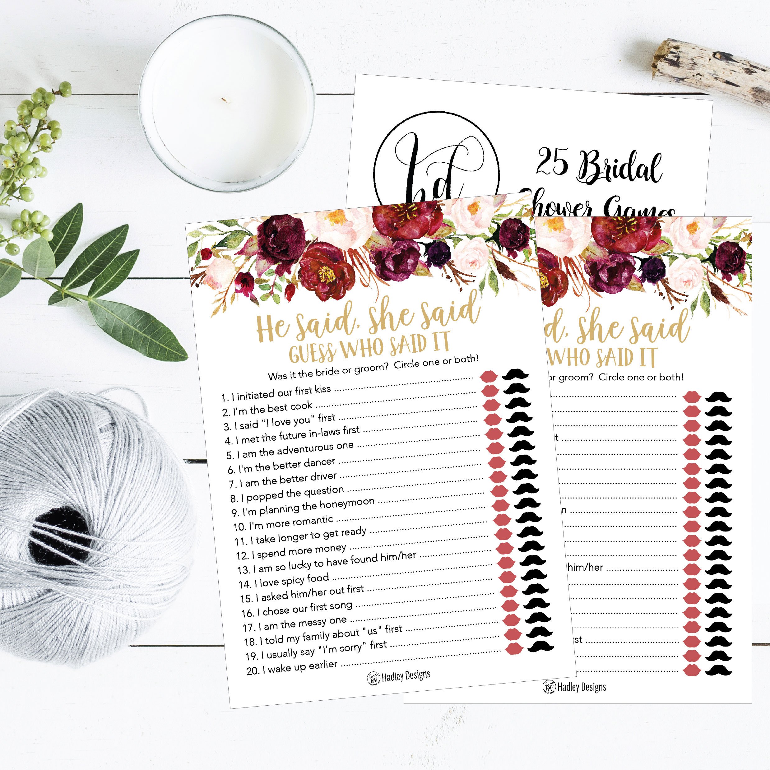 Hadley Designs 25 Floral Wedding Bridal Shower Engagement Bachelorette Anniversary Party Game Ideas, Gold He Said She Said Cards, Funny Co Ed Trivia Rehearsal Dinner Guessing Question Supplies