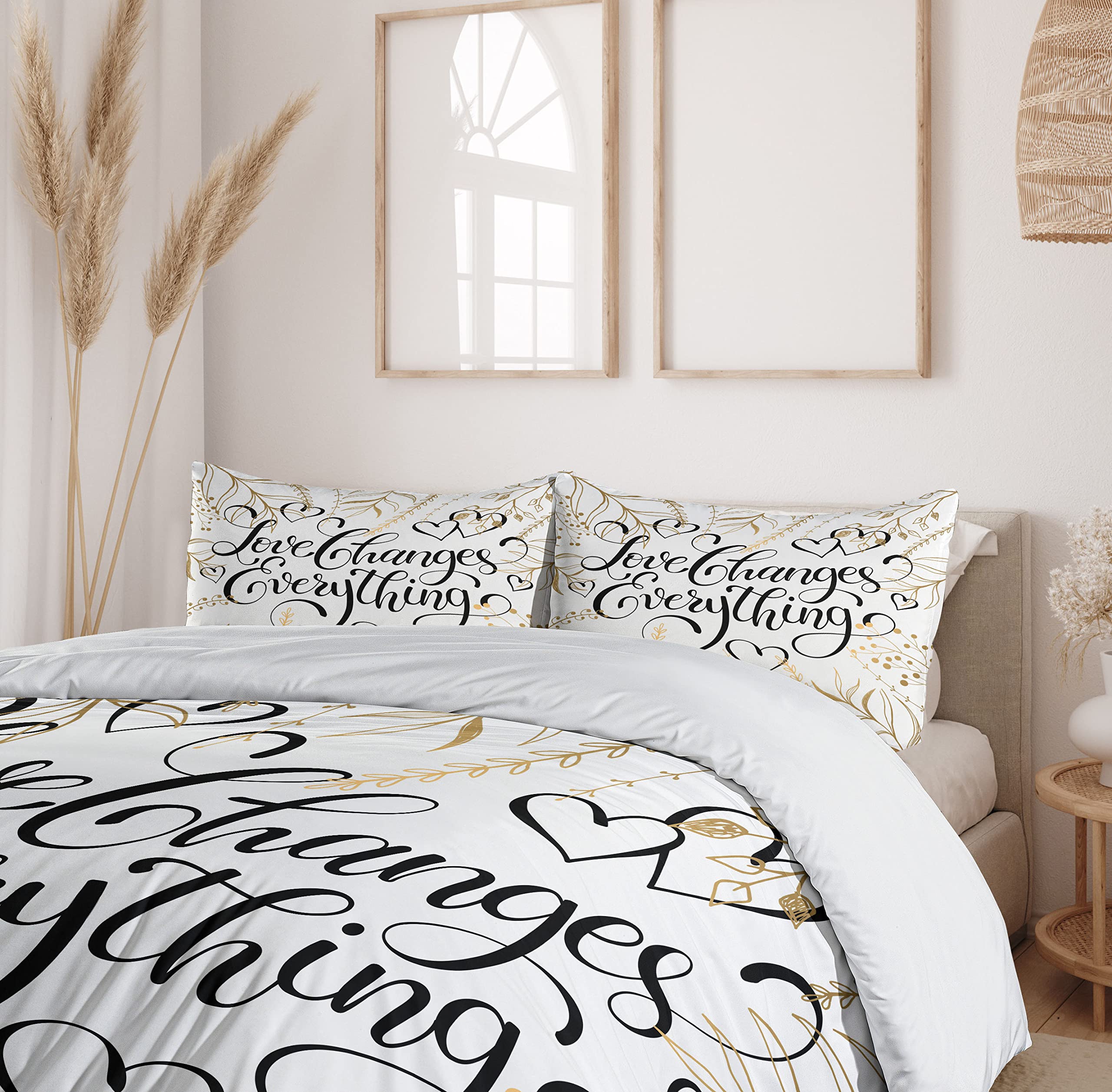 Ambesonne Romantic Duvet Cover Set, Foliage Pattern Frame Style Heart Shapes and an Inspirational Words, Decorative 3 Piece Bedding Set with 2 Pillow Shams, King Size, Sepia Peach Black