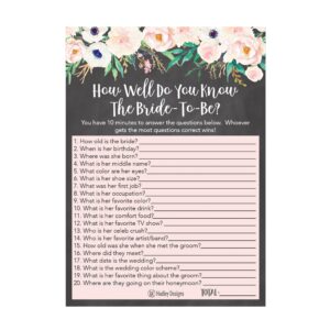 hadley designs 25 floral bridal shower or bachelorette party game, who knows the best, does the groom? couples guessing question set of cards, printed on thick cardstock