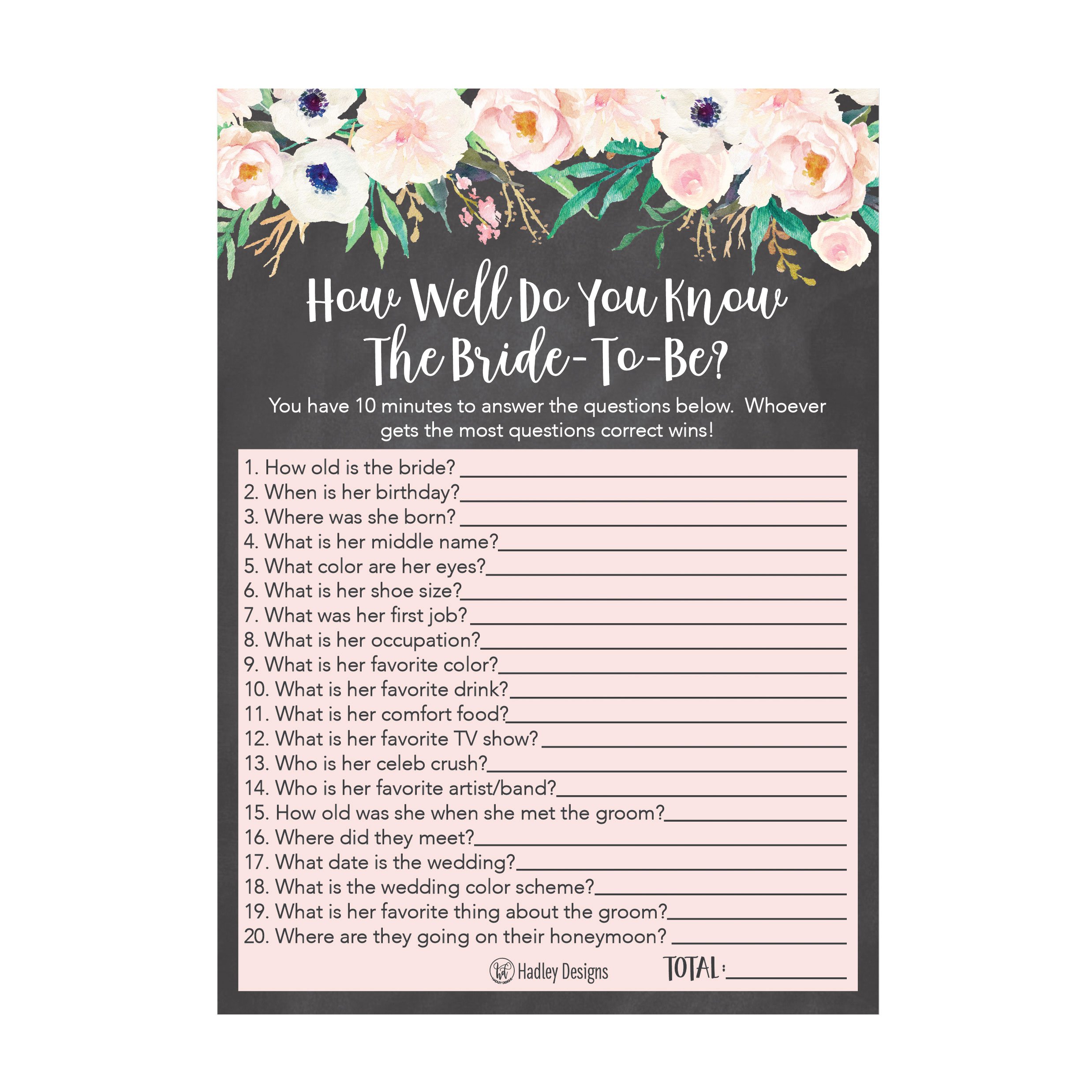 Hadley Designs 25 Floral Bridal Shower or Bachelorette Party Game, Who Knows The Best, Does The Groom? Couples Guessing Question Set of Cards, Printed on Thick Cardstock