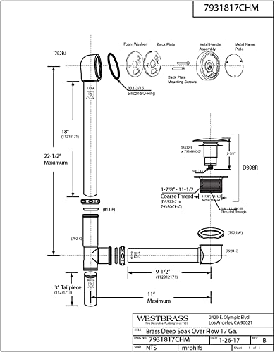 Westbrass 22" Deep Soak Tip-Toe Drain Bath Waste & Overflow, Polished Chrome ,7931817CHM-26