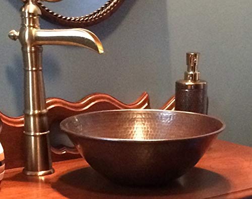 SimplyCopper 14" Round Copper Vessel Bath Sink Brushed Sedona Highlighting