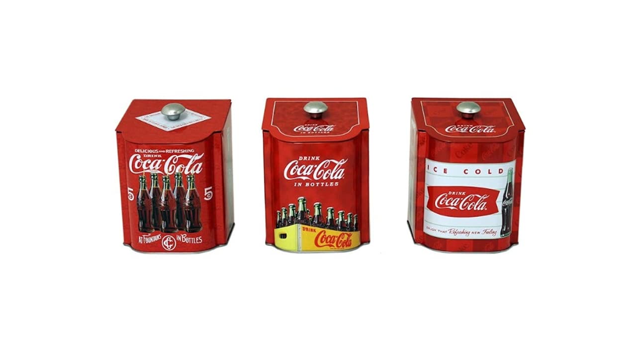 Tin Box 28875 Set of 3 Vintage Style Coca Cola Logo Tin Containers Sloped Lids, 5.5" H x 4.25" L x 4" W, Red