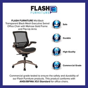 Flash Furniture Warfield Mid-Back Transparent Black Mesh Executive Swivel Office Chair with Melrose Gold Frame and Flip-Up Arms