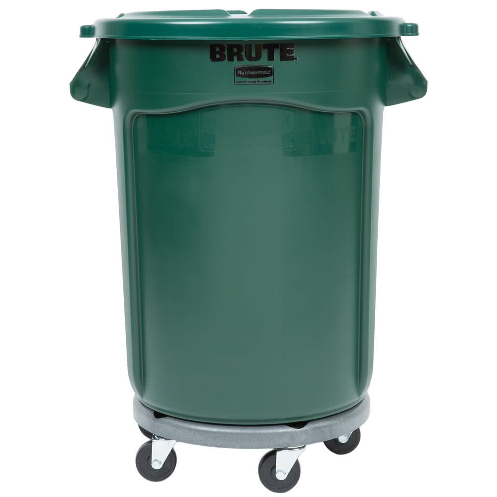 TableTop King Brute 32 Gallon Green Trash Can with Lid and Dolly