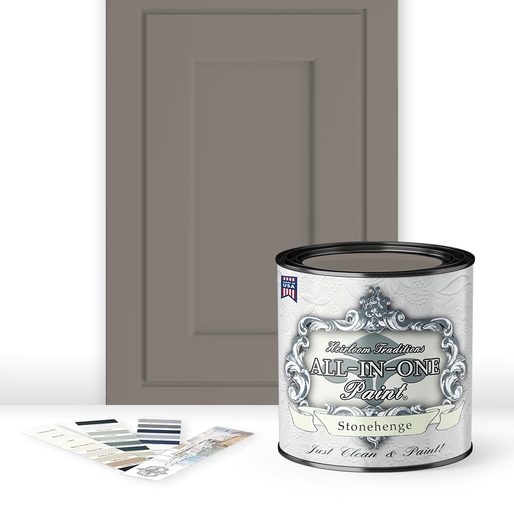 ALL-IN-ONE Paint, Durable cabinet and furniture paint. Built in primer and top coat, no sanding needed. Includes our 30 featured color card - Stonehenge, Quart